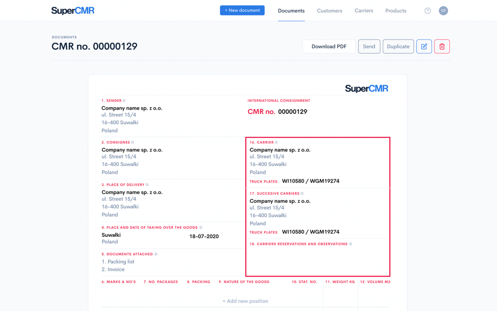 Generator listów CMR PDF online | SuperCMR